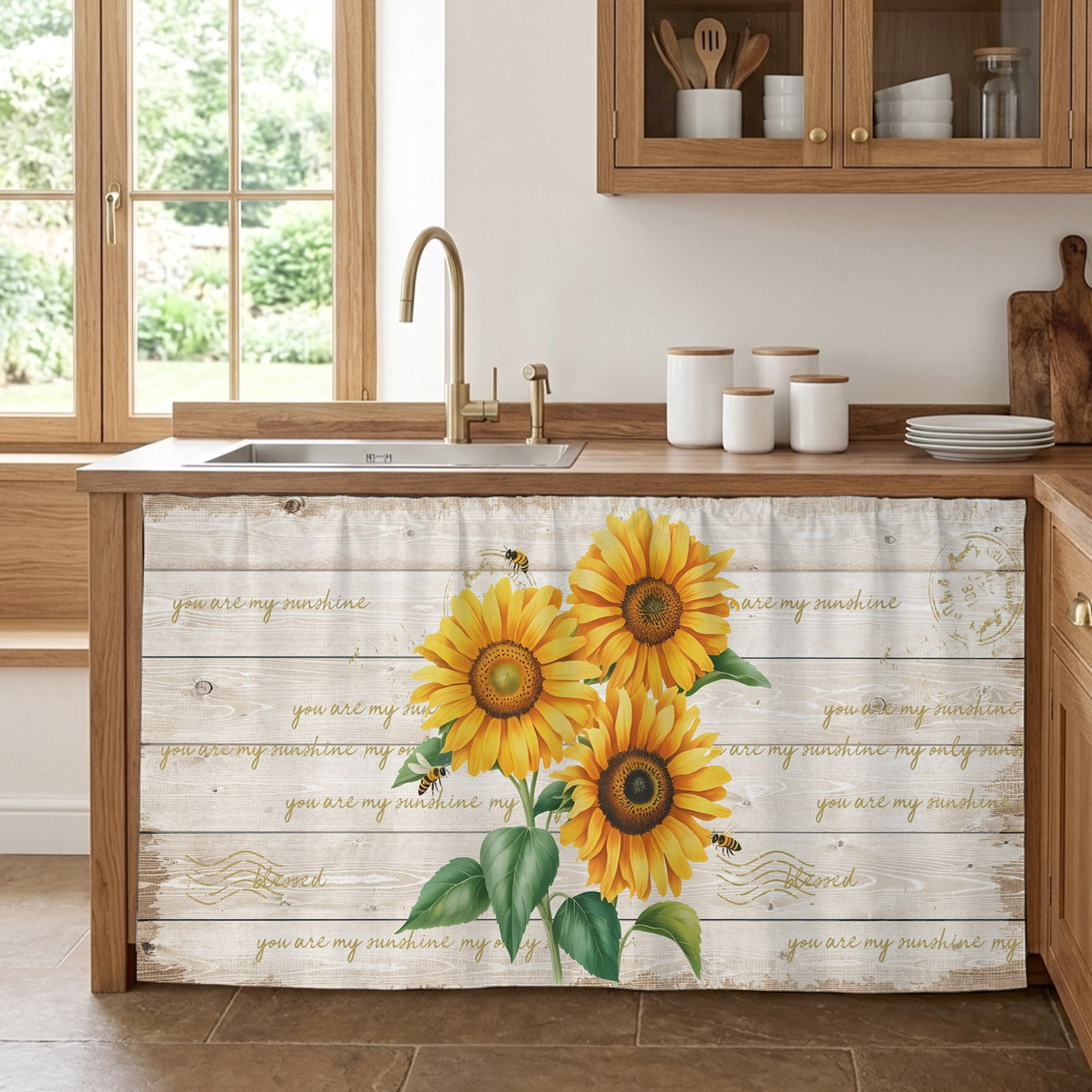 Bee Sunflower Cabinet Curtains 32" W x 55" L Yellow Floral Wood Grain ...