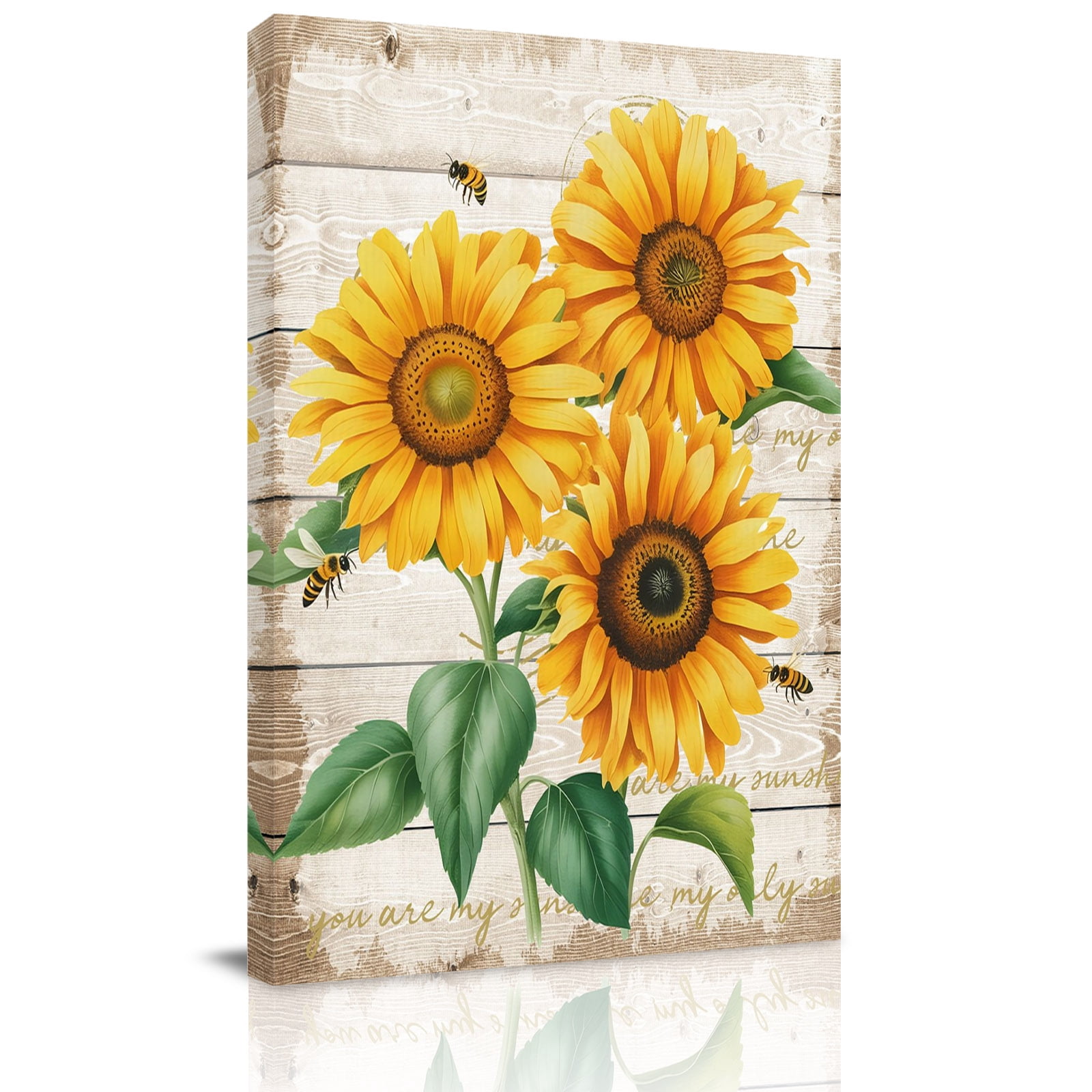 Bee Sunflower Canvas Wall Art for Living Room, Yellow Floral Wood Grain ...