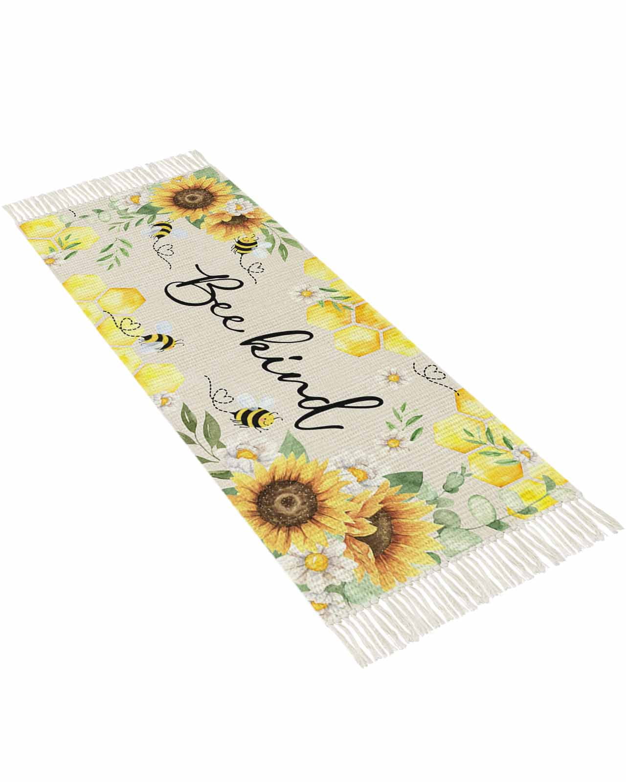 Bee Sunflower Kitchen Runner Rug 2'x4', Washable Woven Cotton Area Rug ...