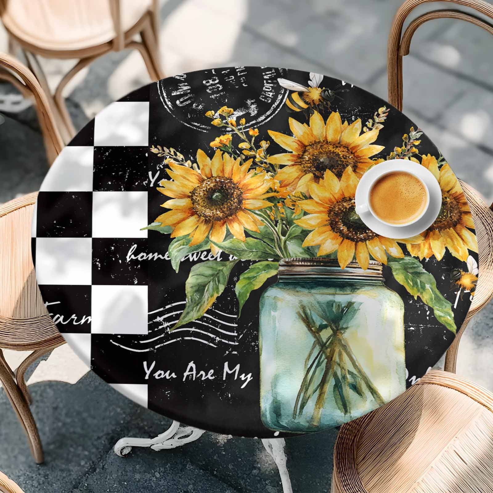 Bee Sunflower Plant Vase Round Fitted Tablecloth with Elastic Edge ...