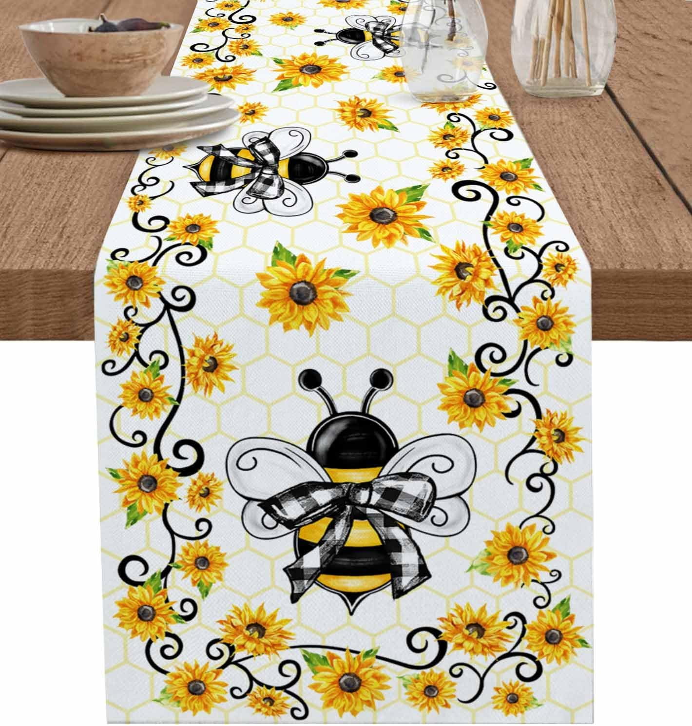 Bee Sunflower Table Runner Kitchen Dining Table Runners 72 Inches Long, Cotton Linens Washable ...