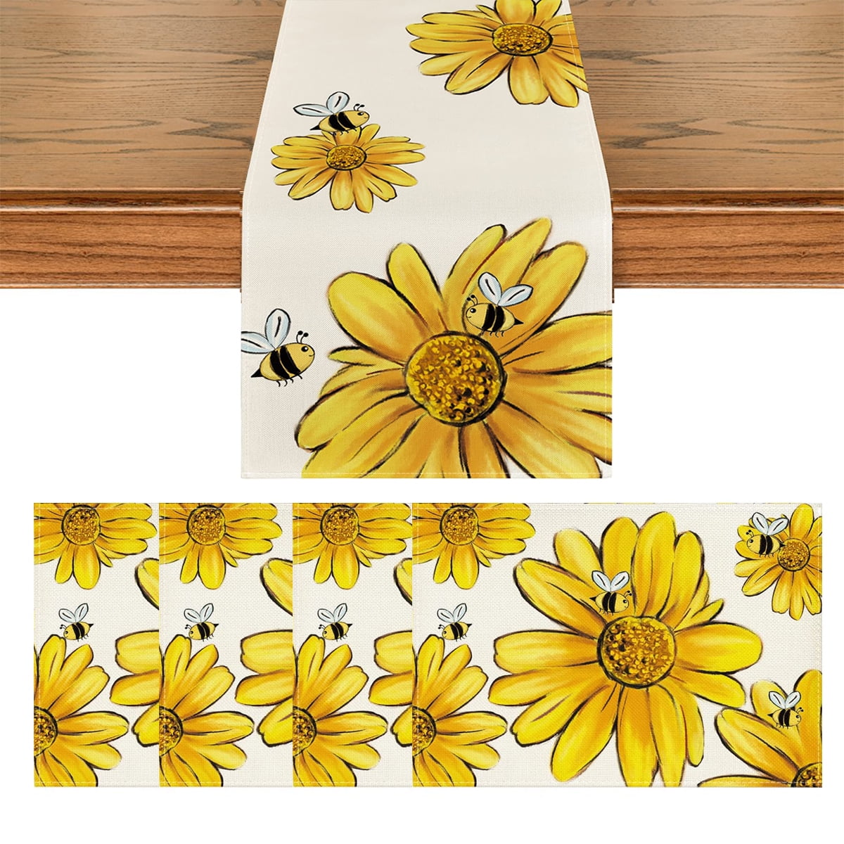 Bee Sunflower Table Runner and Placemats, Seasonal Spring Summer Green ...