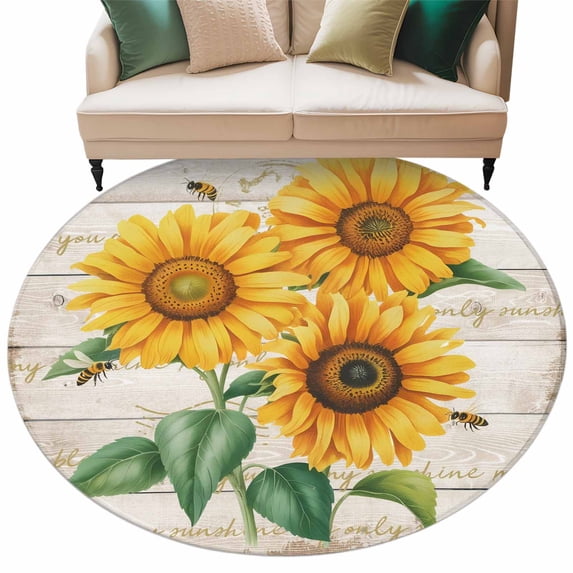 Bee Sunflower Washable Round Area Rug 5 ft, Yellow Floral Wood Grain ...