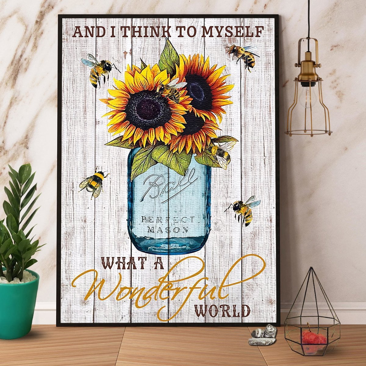 Bee Sunflower What A Wonderful World Satin Poster Wall Art Decor 24 x ...