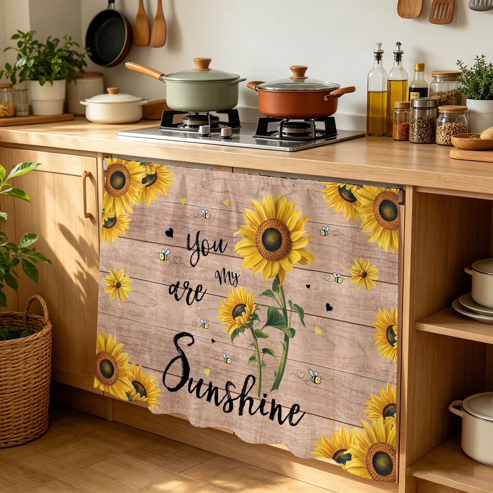 Bee Sunflowers Cabinet Curtains 35" W x 35" L Rustic Wood Grain You Are ...