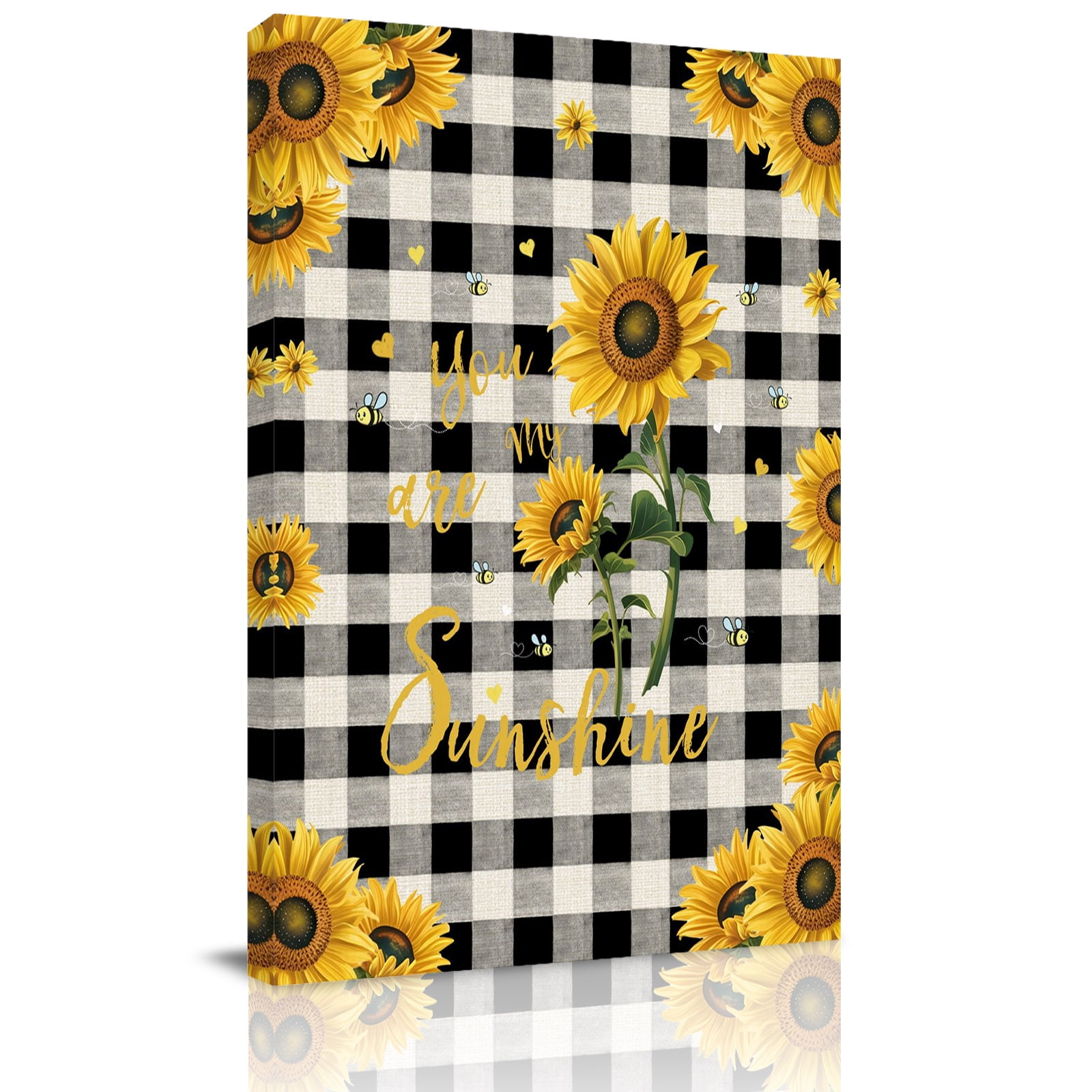 Bee Sunflowers Canvas Wall Art for Living Room, Black Buffalo Plaid You ...