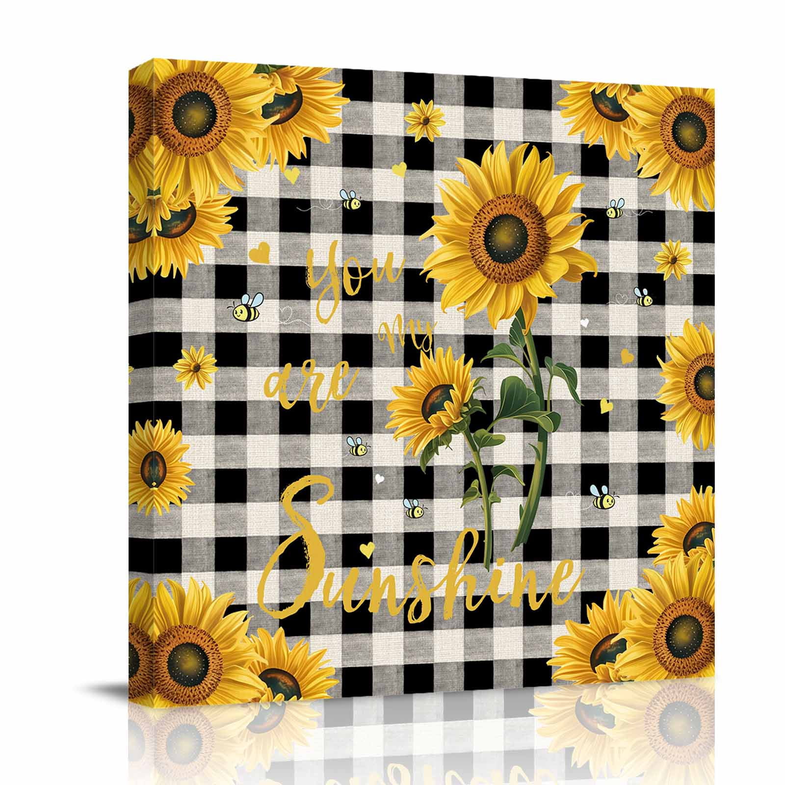 Bee Sunflowers Canvas Wall Art for Living Room, Black Buffalo Plaid You ...