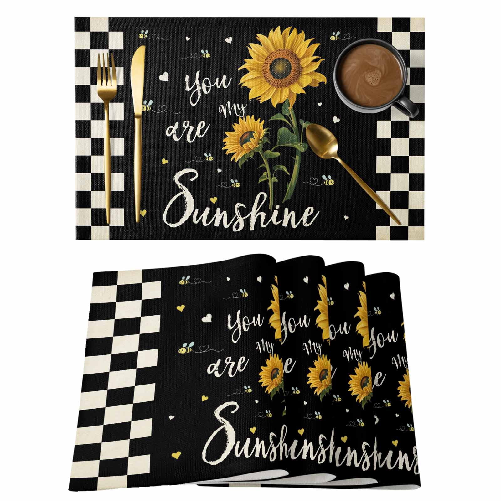 Bee Sunflowers Cotton Linen Placemats Set of 2, Black Plaid You Are My ...