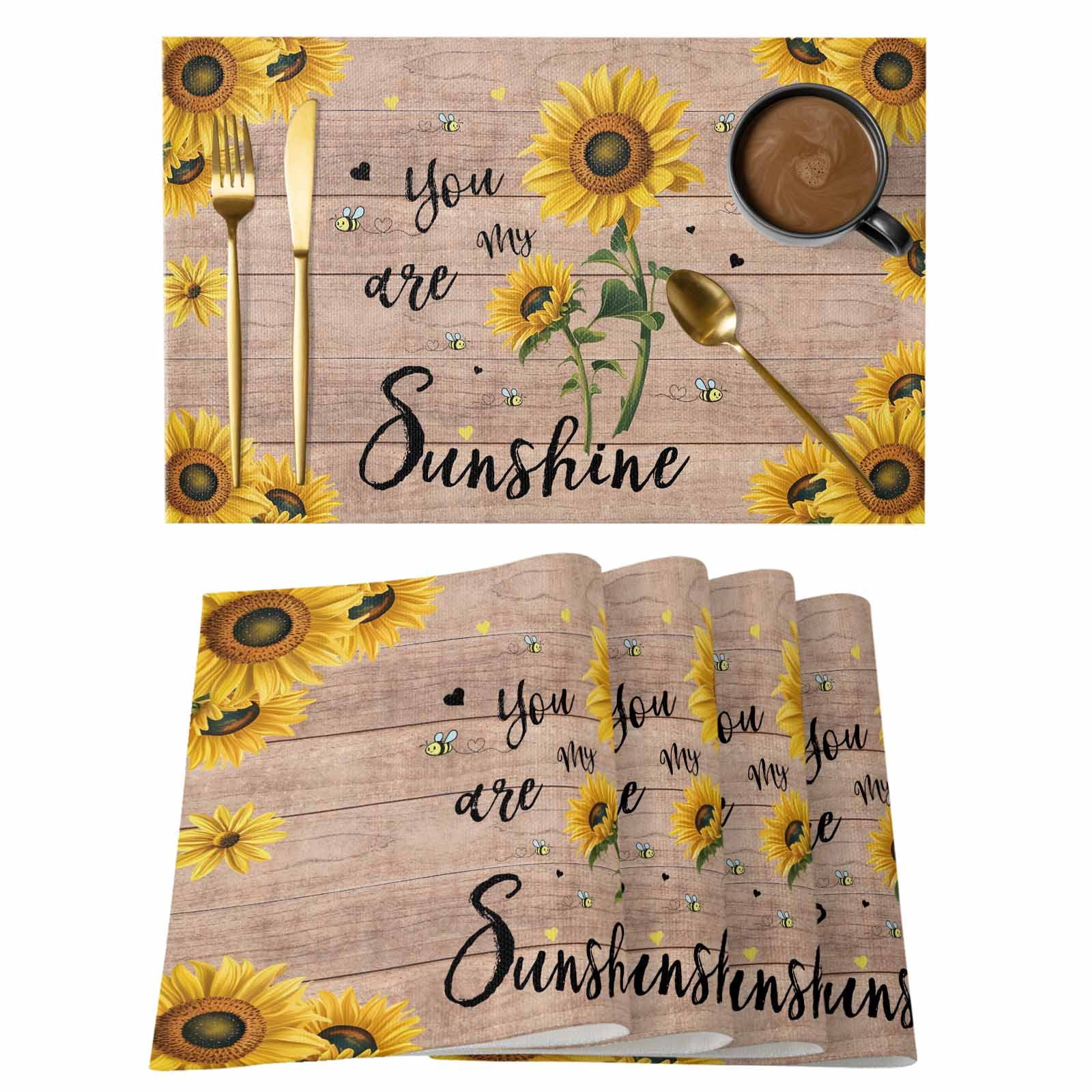 Bee Sunflowers Cotton Linen Placemats Set of 8, Rustic Wood Grain You ...