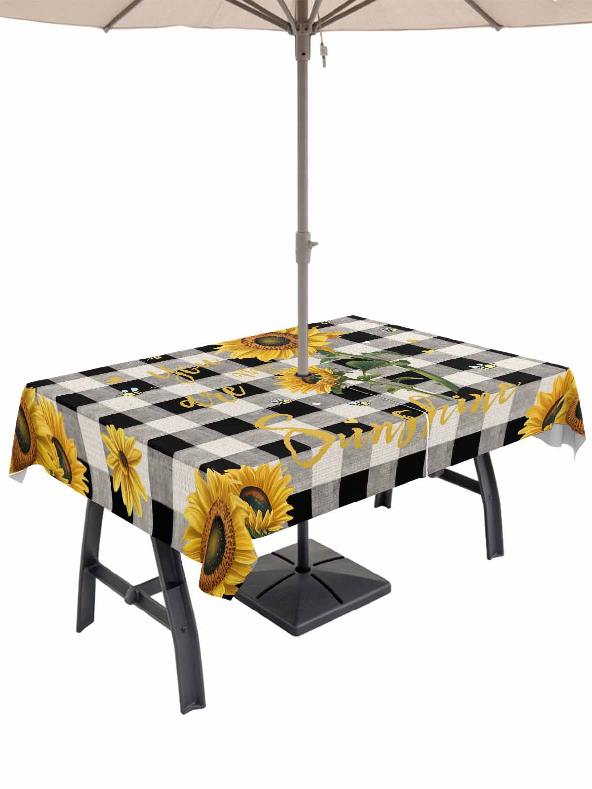 Bee Sunflowers Rectangle Outdoor Tablecloth with Umbrella Hole Black ...