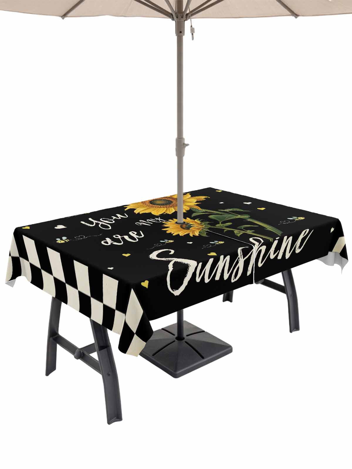 Bee Sunflowers Rectangle Outdoor Tablecloth with Umbrella Hole Black ...