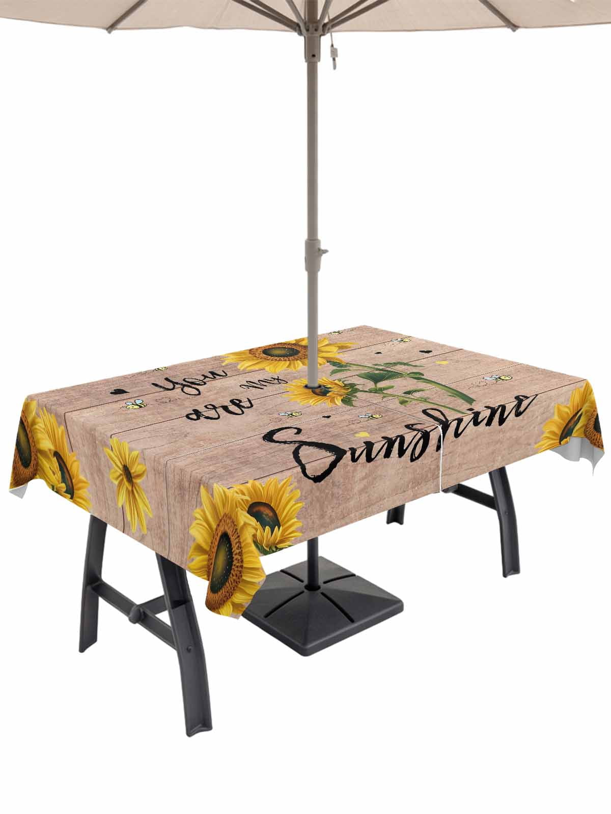 Bee Sunflowers Rectangle Outdoor Tablecloth with Umbrella Hole Rustic ...
