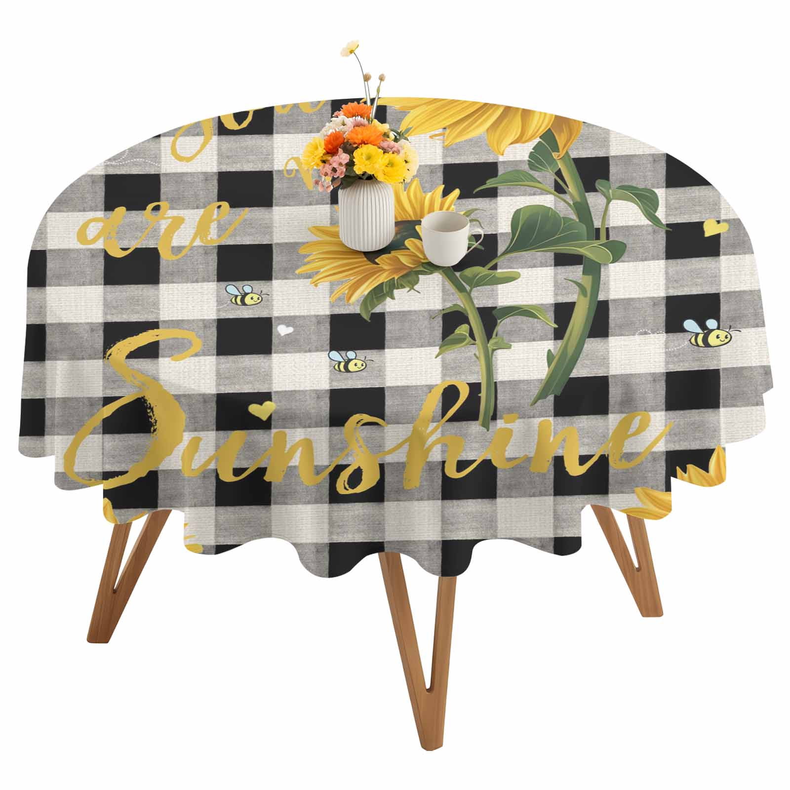 Bee Sunflowers Round Tablecloth 60 inches Black Buffalo Plaid You Are ...