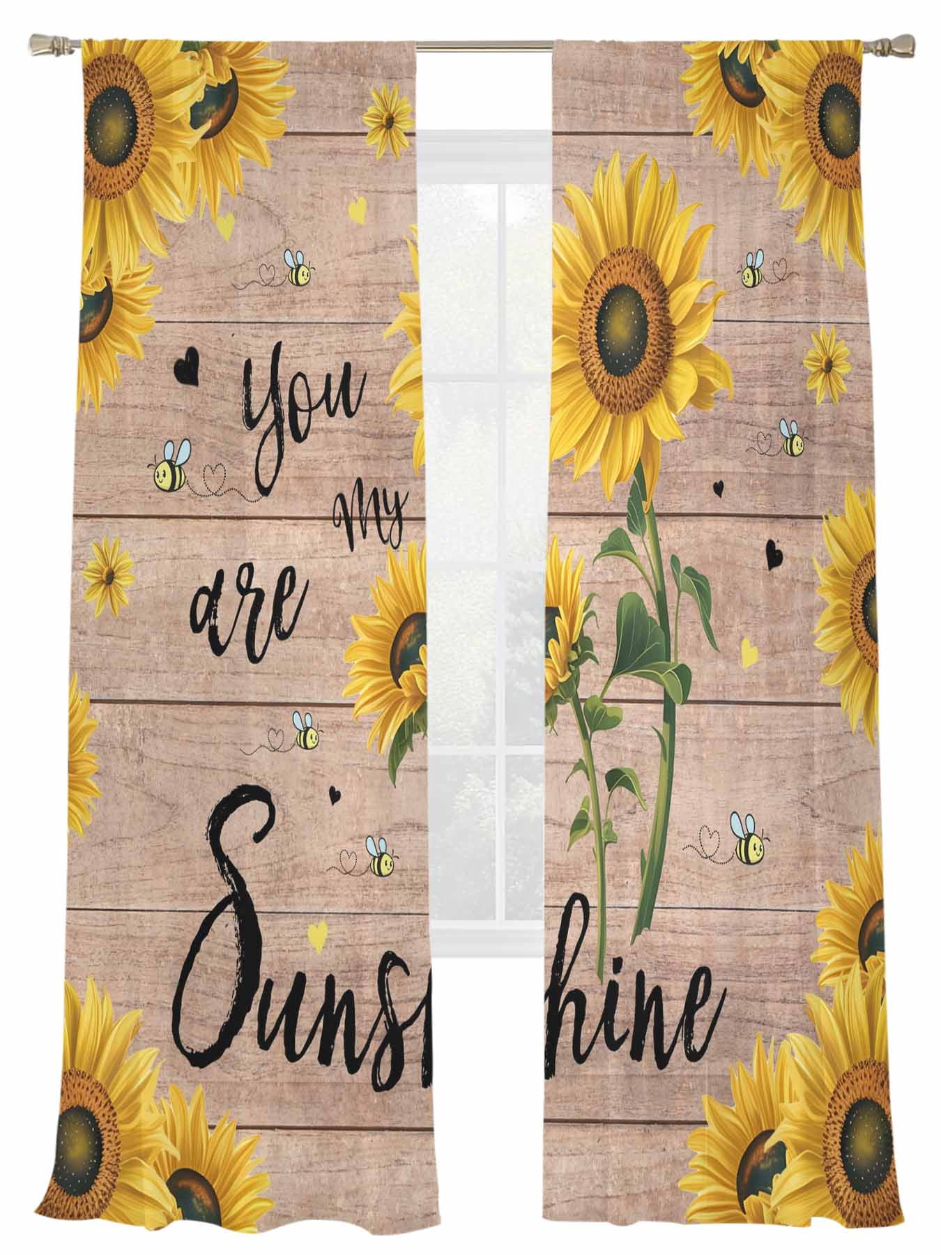 Bee Sunflowers Sheer Curtains 2 Panels Set Rustic Wood Grain You Are My ...