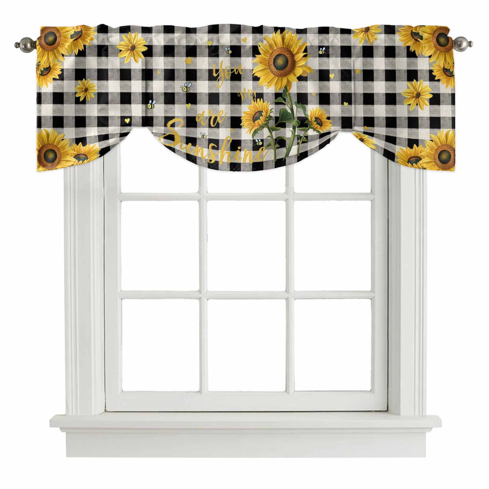 Bee Sunflowers Tie Up Valance Curtains Black Buffalo Plaid You Are My ...