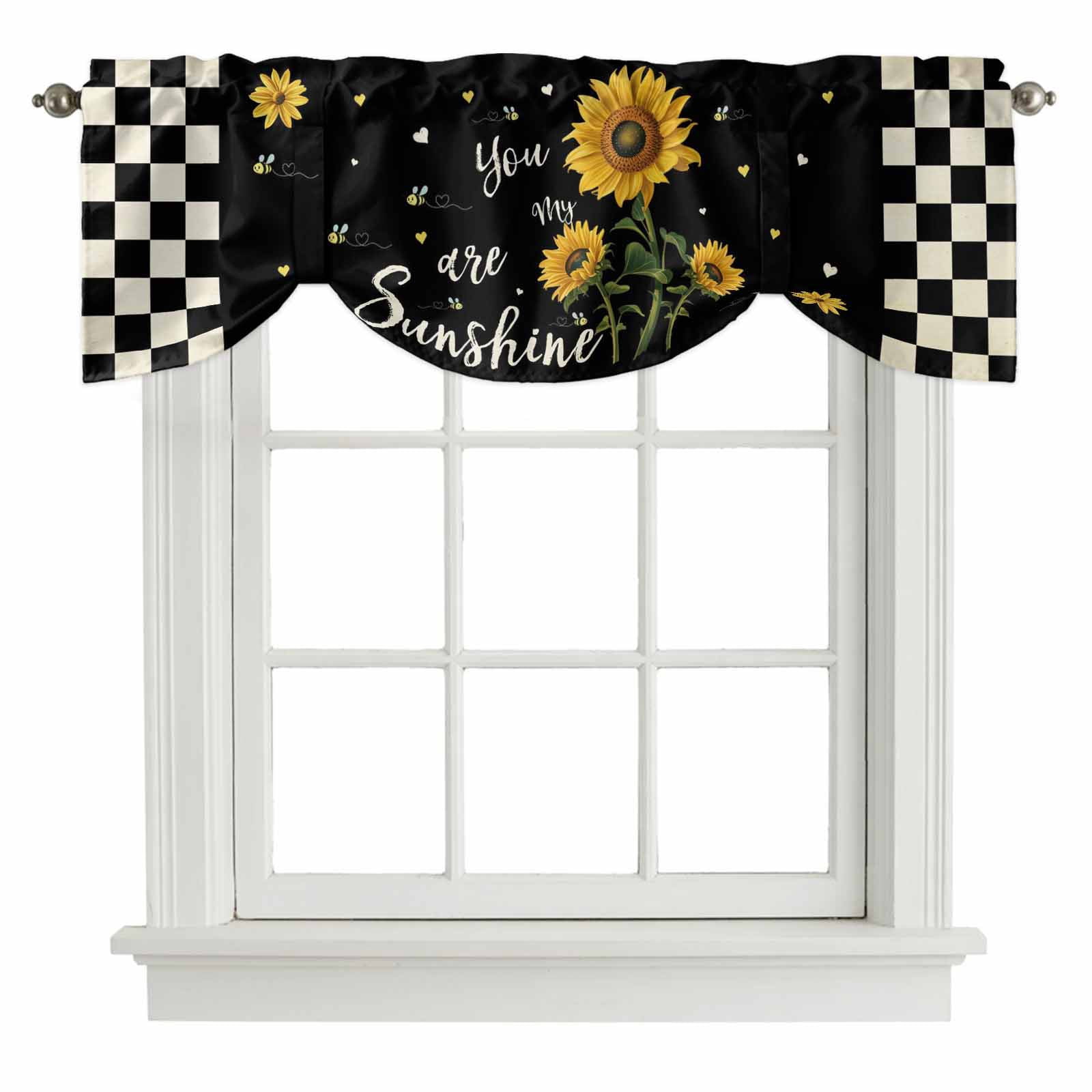 Bee Sunflowers Tie Up Valance Curtains Black Plaid You Are My Sunshine ...