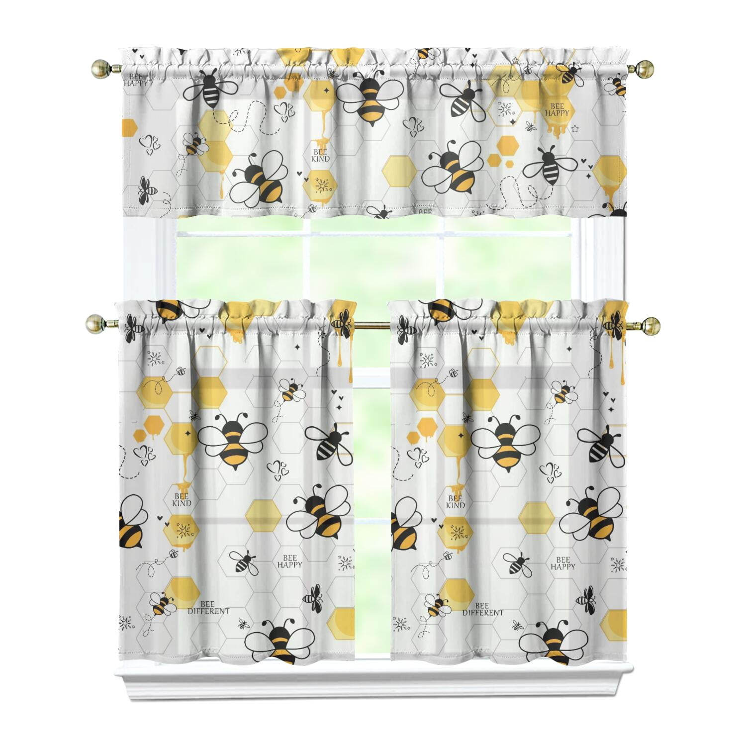 Bee Themed Kitchen Curtains 3 PC Set - Honey Yellow Print, Tier ...