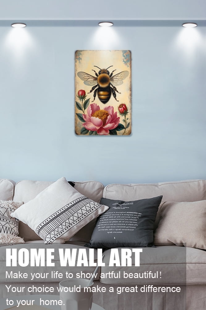 Bee Tin Sign - 12"x8" - Aluminum - Bee And Flower Garden Metal Poster ...
