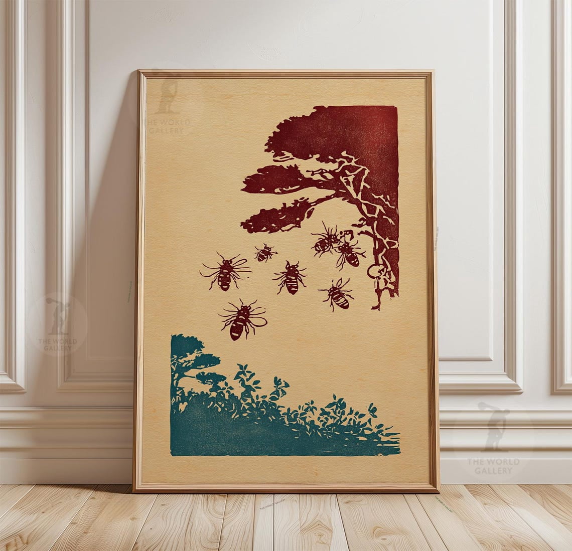 Bee Tree Scene Poster Red Blue Minimal Style Paper Wall Art Decor ...