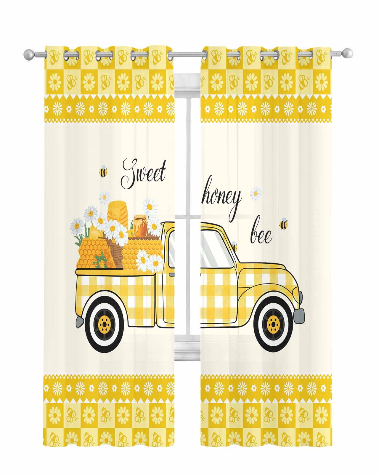 Bee Truck Sheer Curtains 84 Inch Length 2 Panels Set for Living Room ...