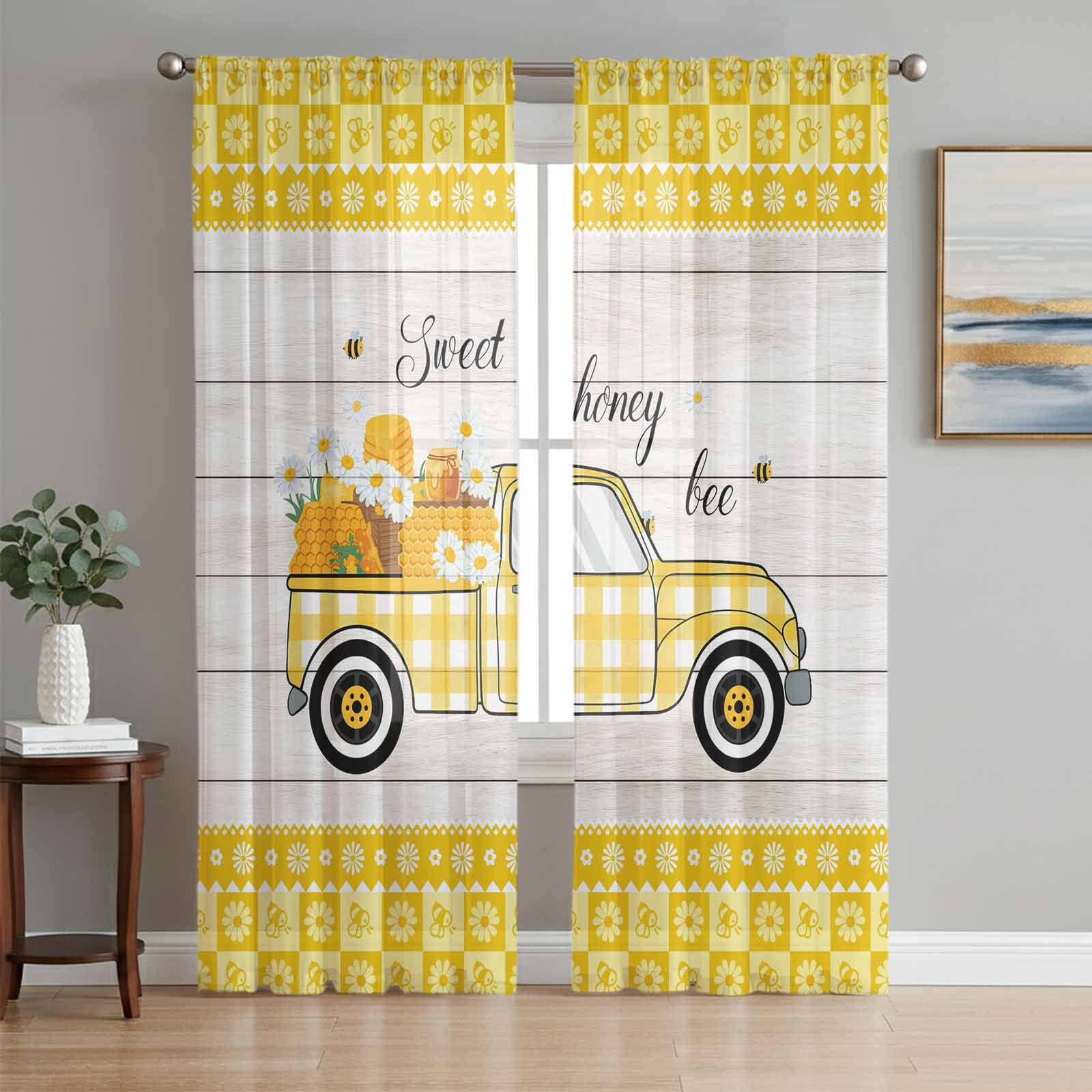 Bee Truck Sheer Curtains 96 Inch Length 2 Panels Set, Yellow Honey ...
