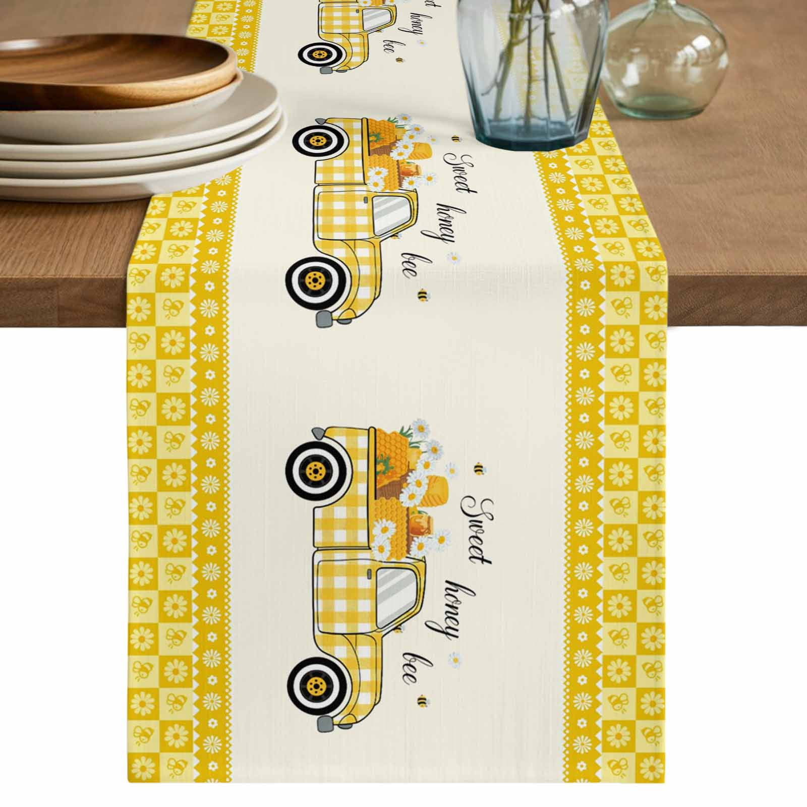 Bee Truck Table Runner, Yellow Honey Daisy Floral Patterned Plaid ...