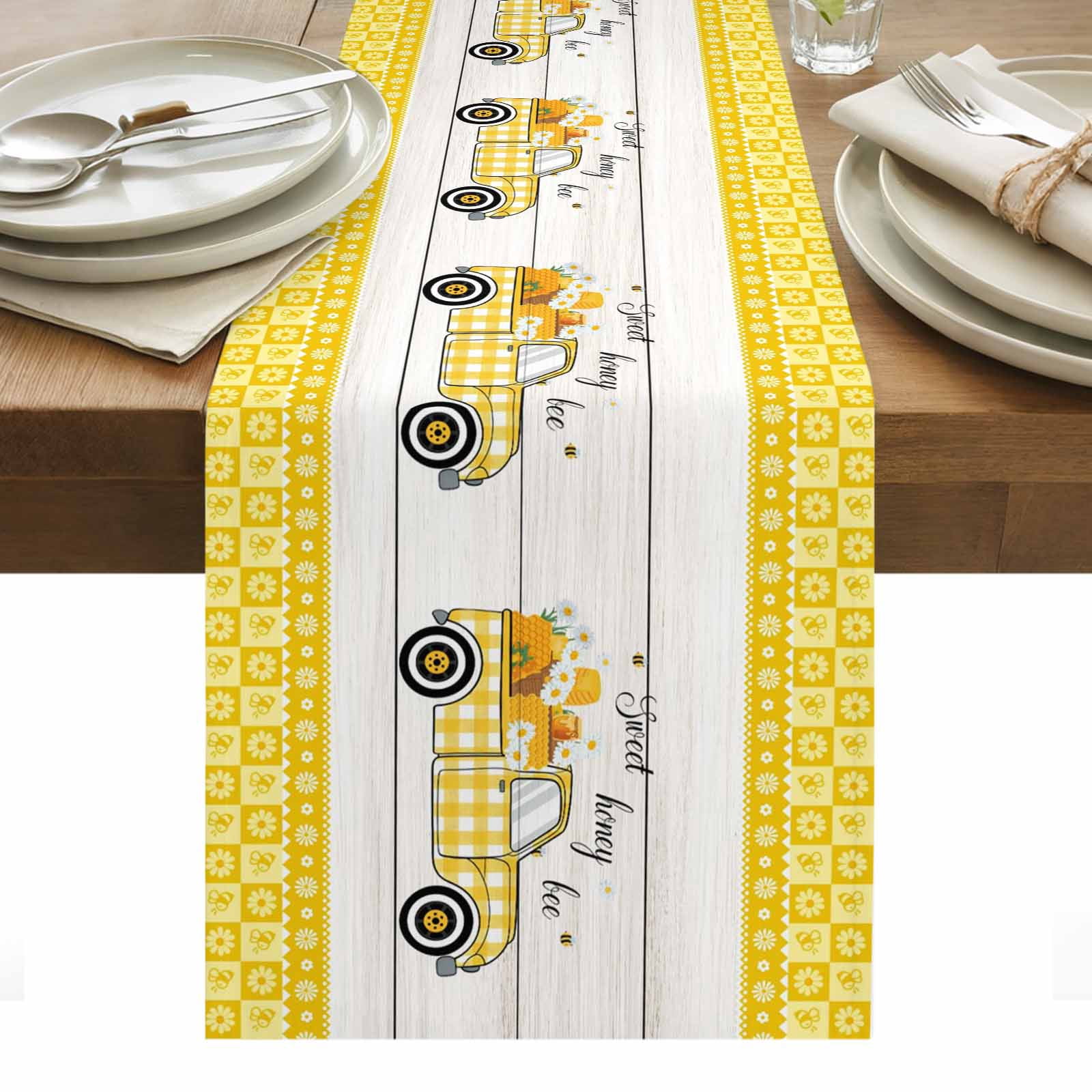 Bee Trucks Cotton Linen Table Runner Sweet Honey Bee Daisy Flower ...