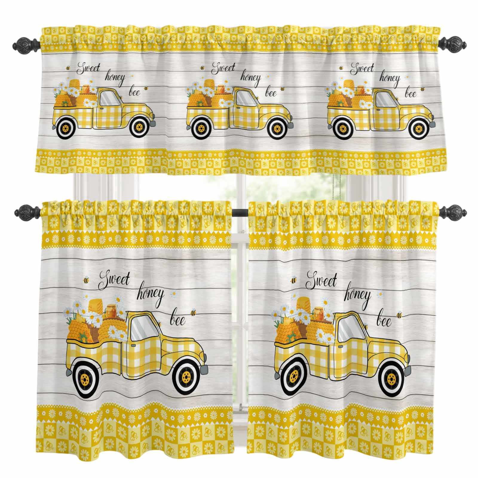 Bee Trucks Kitchen Curtains Set for Windows, Sweet Honey Bee Daisy ...