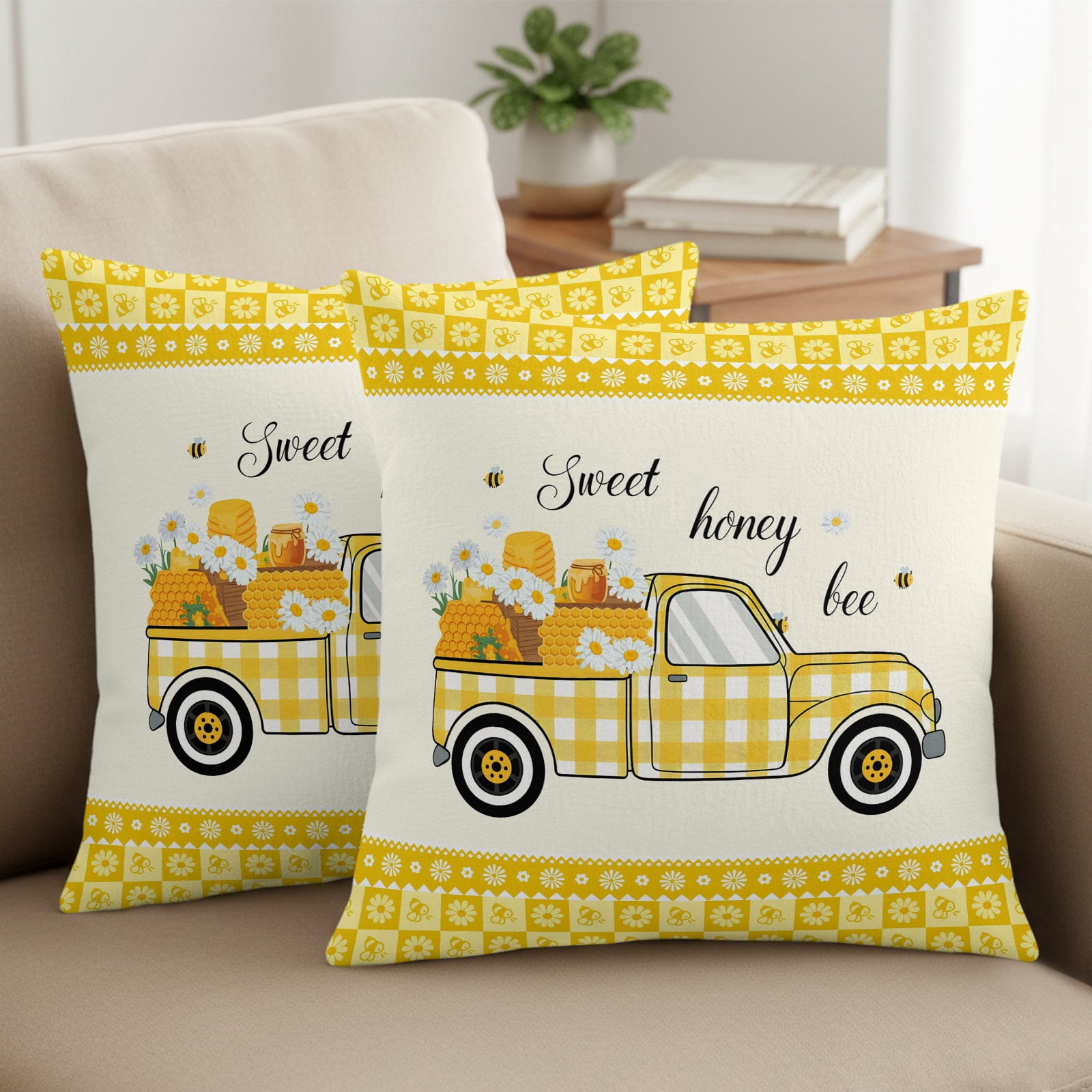 Bee Trucks Pillow Covers Set of 2, Sweet Honey Bee Daisy Flower Yellow ...