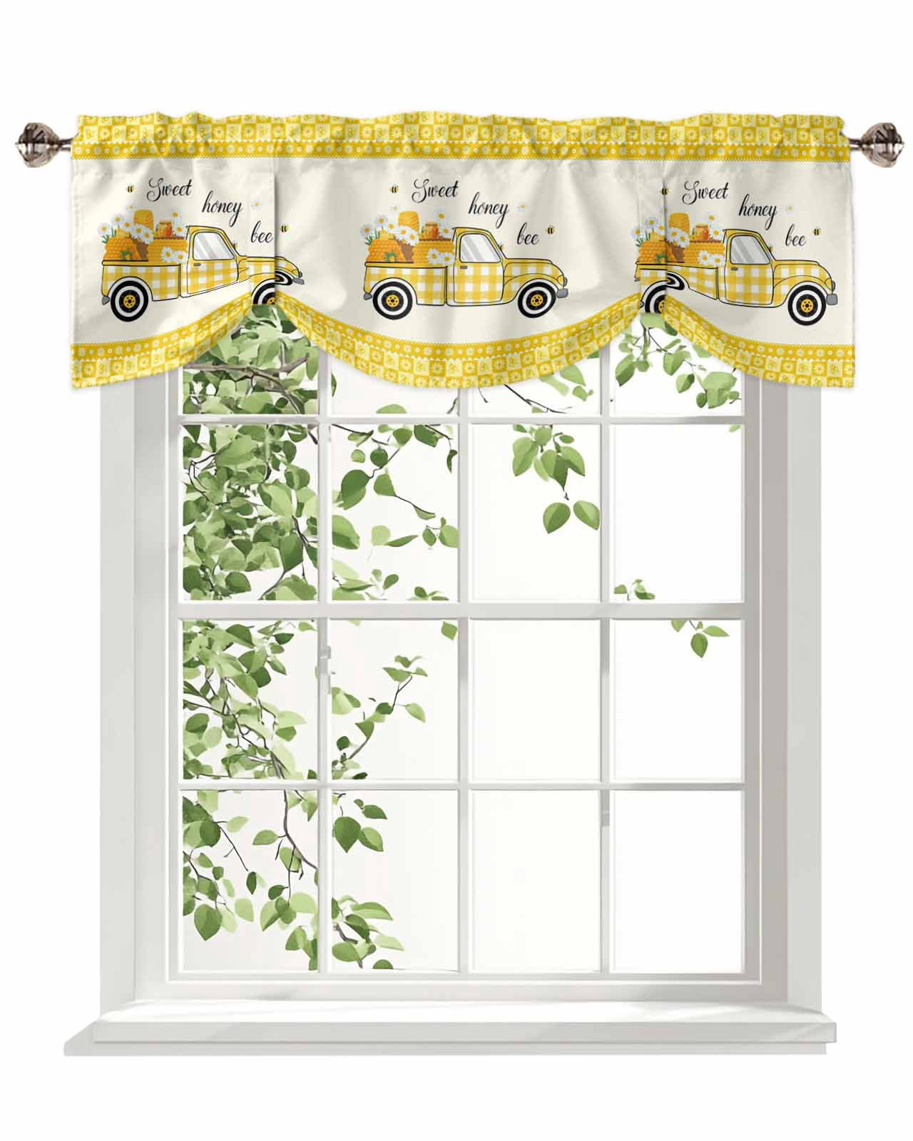 Bee Trucks Tie Up Valances Curtain, Sweet Honey Bee Daisy Flower Yellow ...