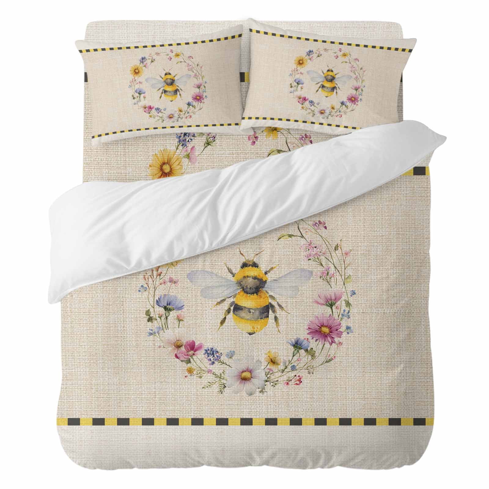 Bee Twin Duvet Cover Set, Insects Yellow Floral Wreath Pastoral Linen ...