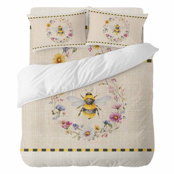 Bee Twin Duvet Cover Set, Insects Yellow Floral Wreath Pastoral Linen ...