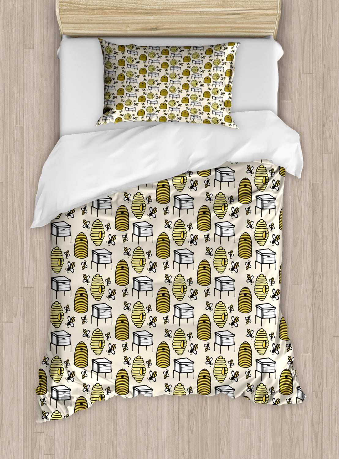 Bee Twin Size Duvet Cover Set, Caricature Beehives and Honey Bees Print ...