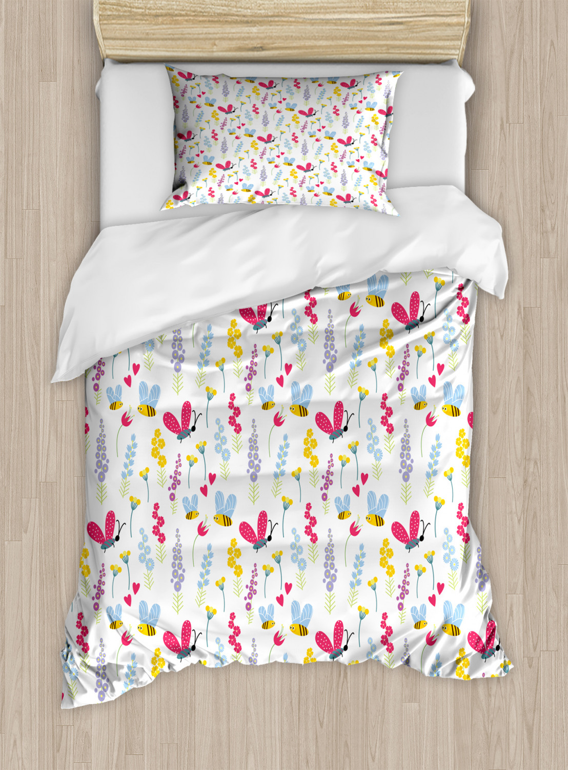 Bee Twin Size Duvet Cover Set, Love of Nature Summer Flowers and Flying ...