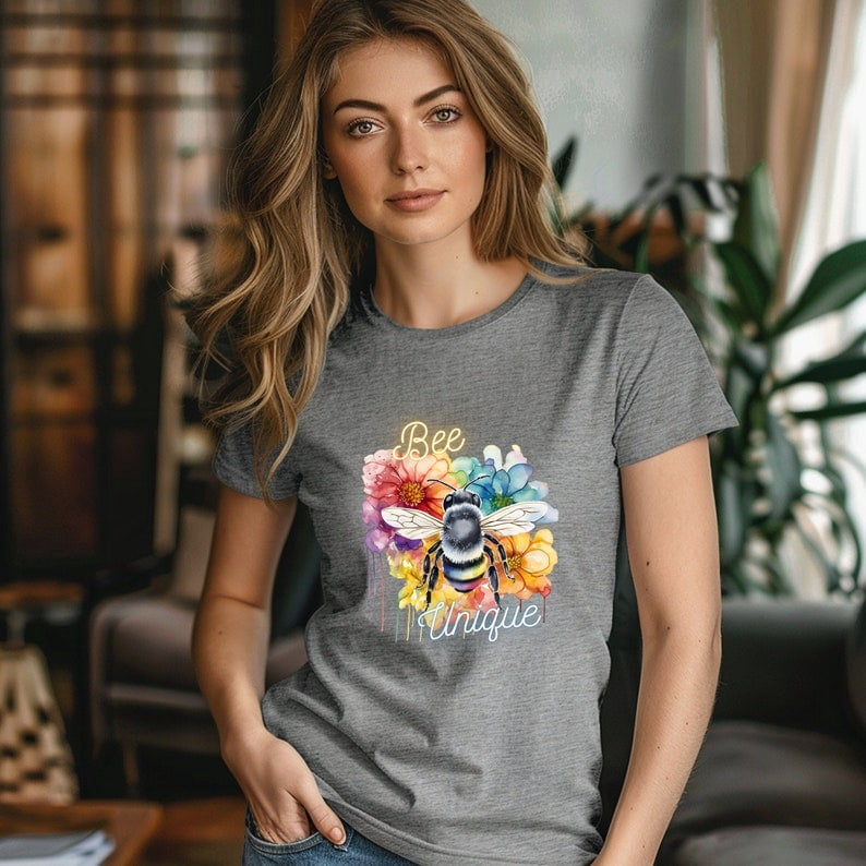 Bee Unique T-Shirt, Rainbow Flowers Bumblebee Tee, Friend Gift for ...