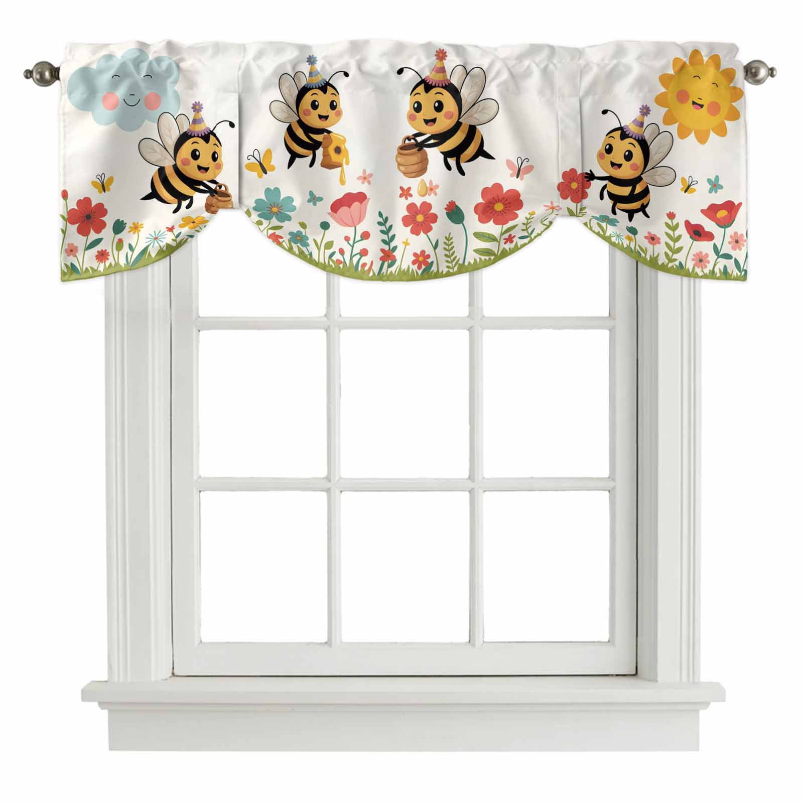 Bee Watering Flower Tie Up Valance Curtains Cartoon Floral Sun Cloud ...