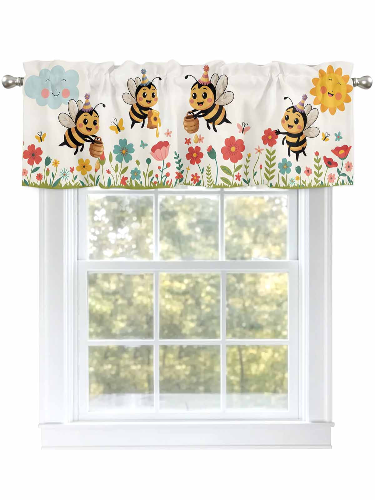 Bee Watering Flower Valances for Windows Cartoon Floral Sun Cloud Smile ...