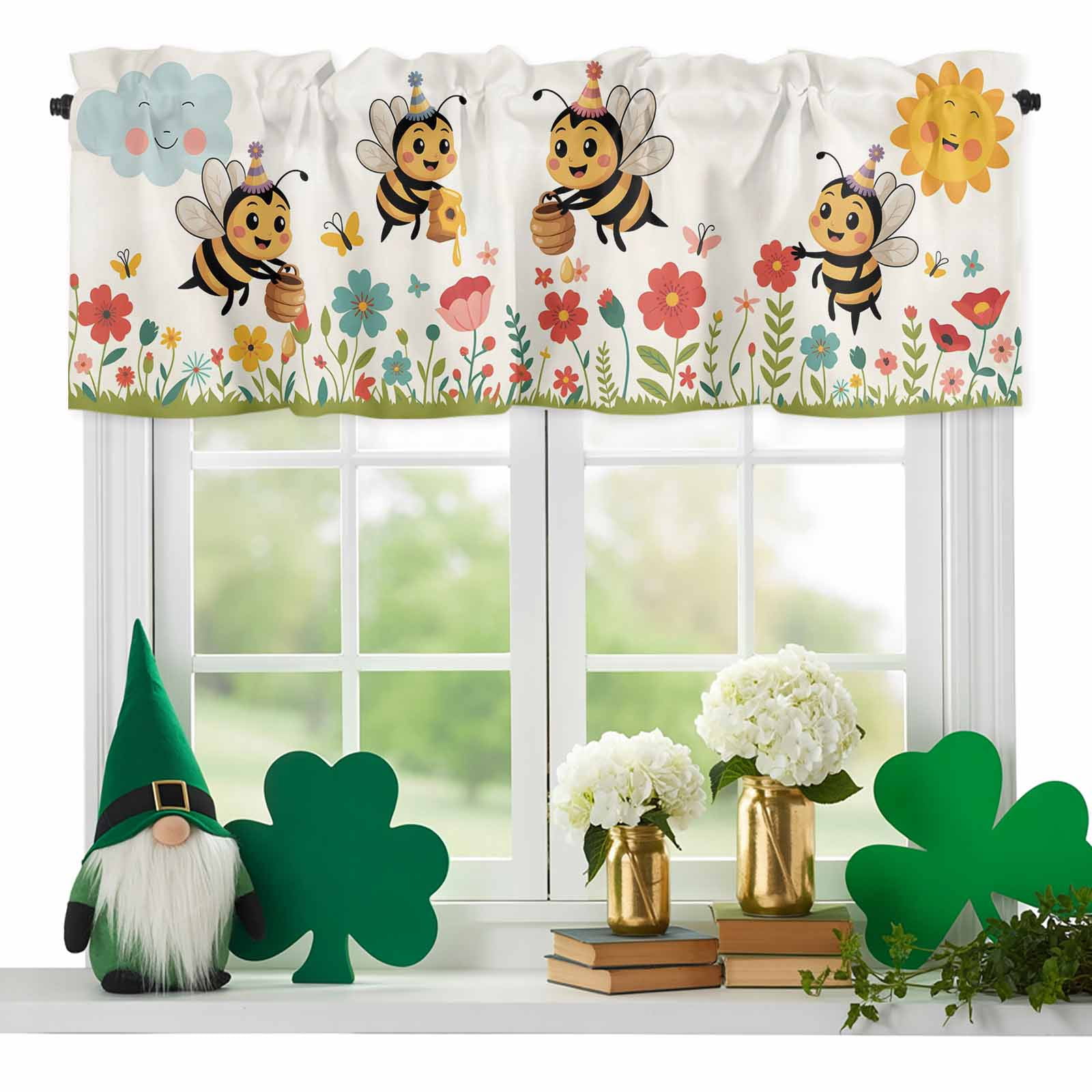 Bee Watering Flower Valances for Windows, Cartoon Floral Sun Cloud ...