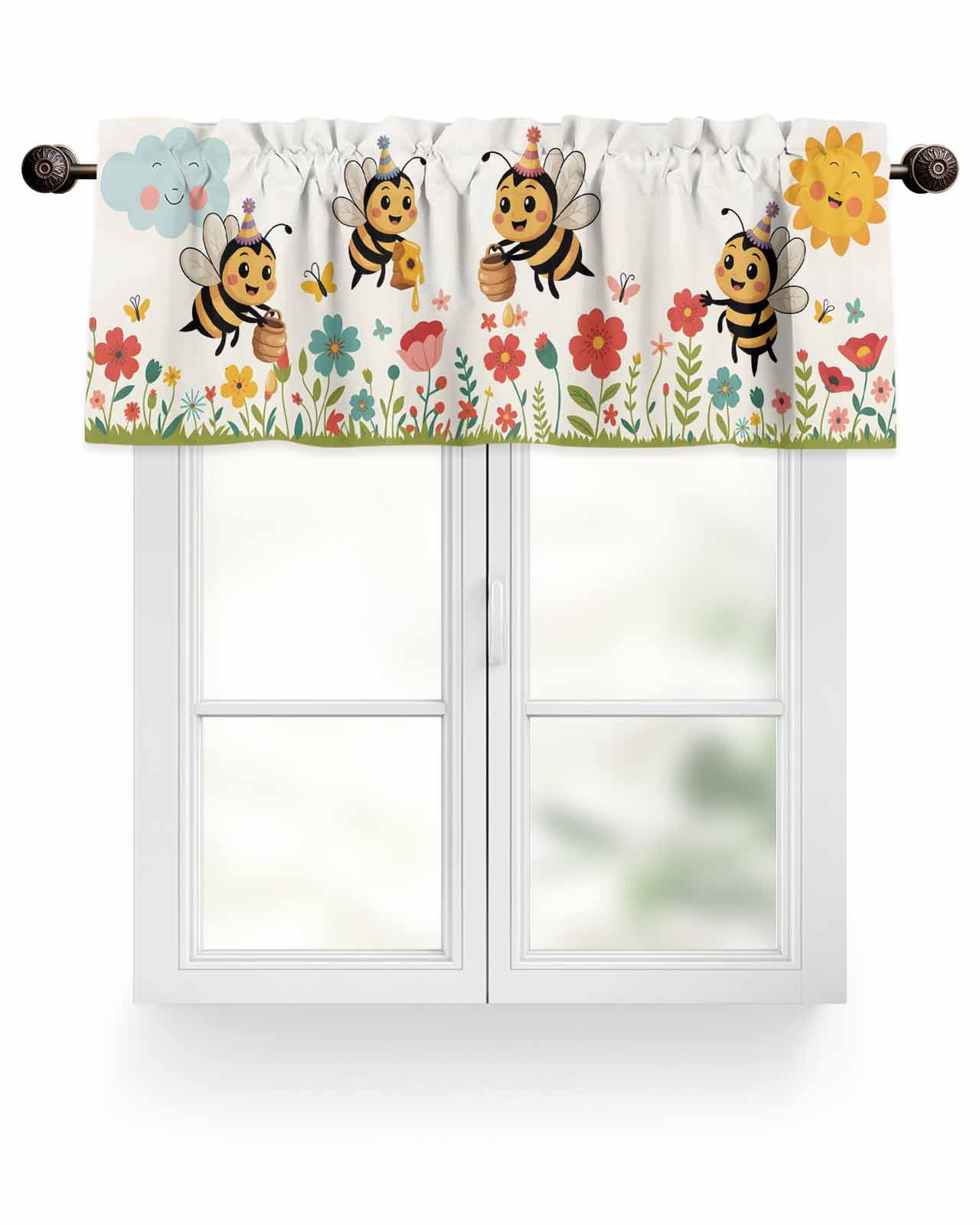 Bee Watering Flower Valances for Windows Cartoon Floral Sun Cloud Smile ...