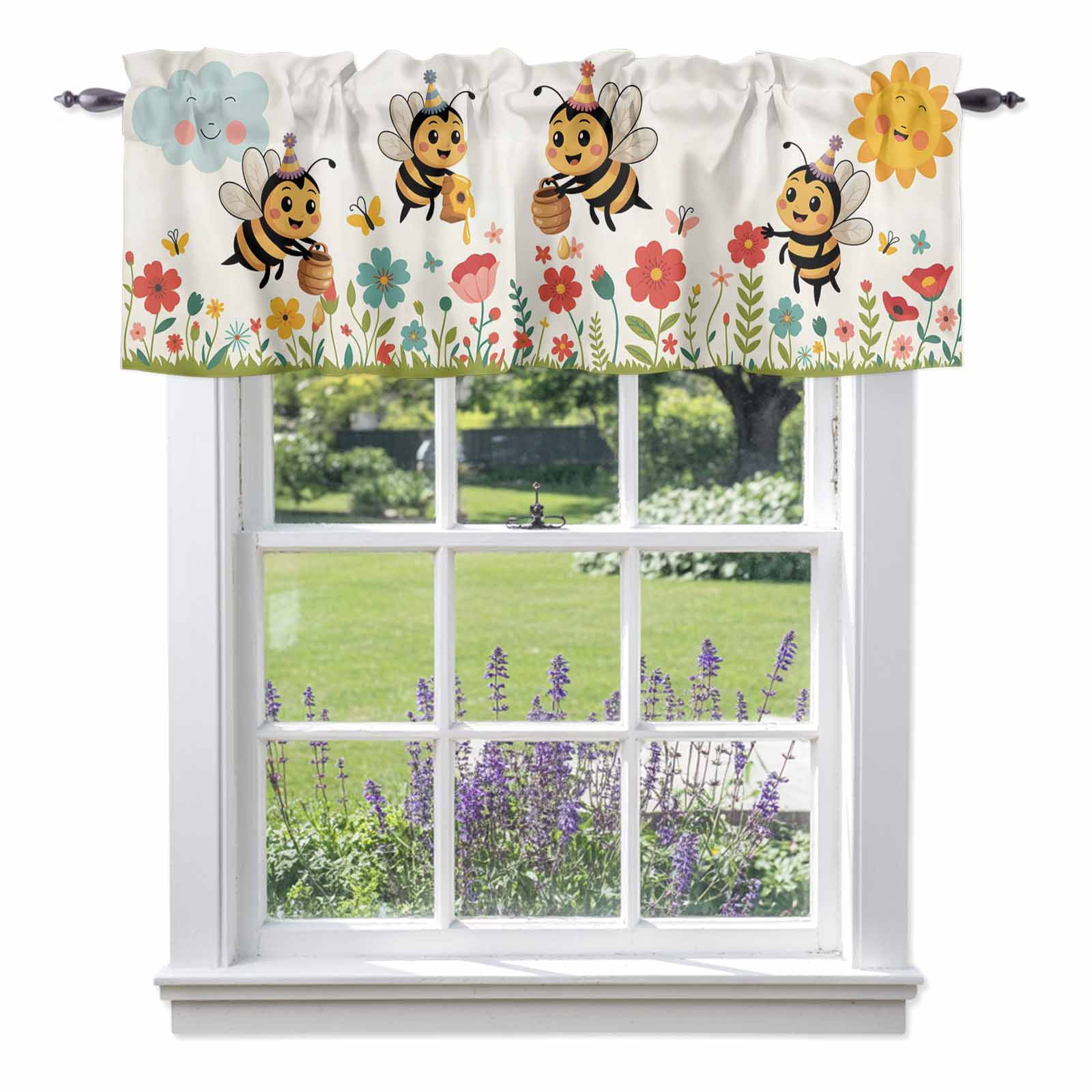 Bee Watering Flower Valances for Windows, Cartoon Floral Sun Cloud ...