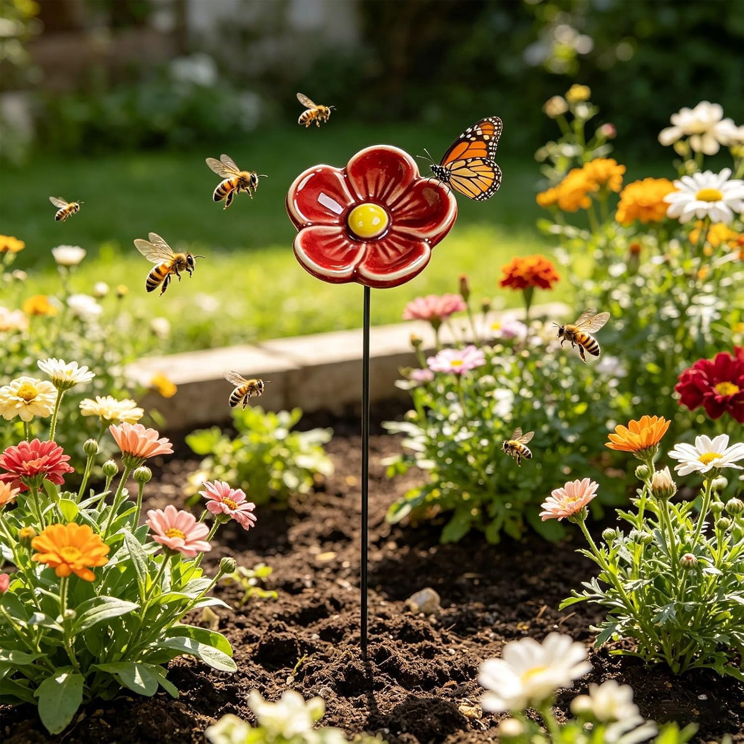 Bee Watering Station, 27cm Ceramic Flower Shaped Bowl with Stake for ...