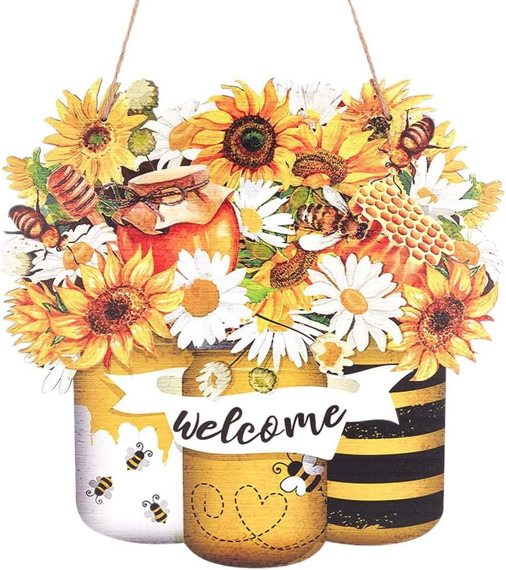 Bee Welcome Sign Wood Sign Happy Front Door Decor Sunflower Wood ...