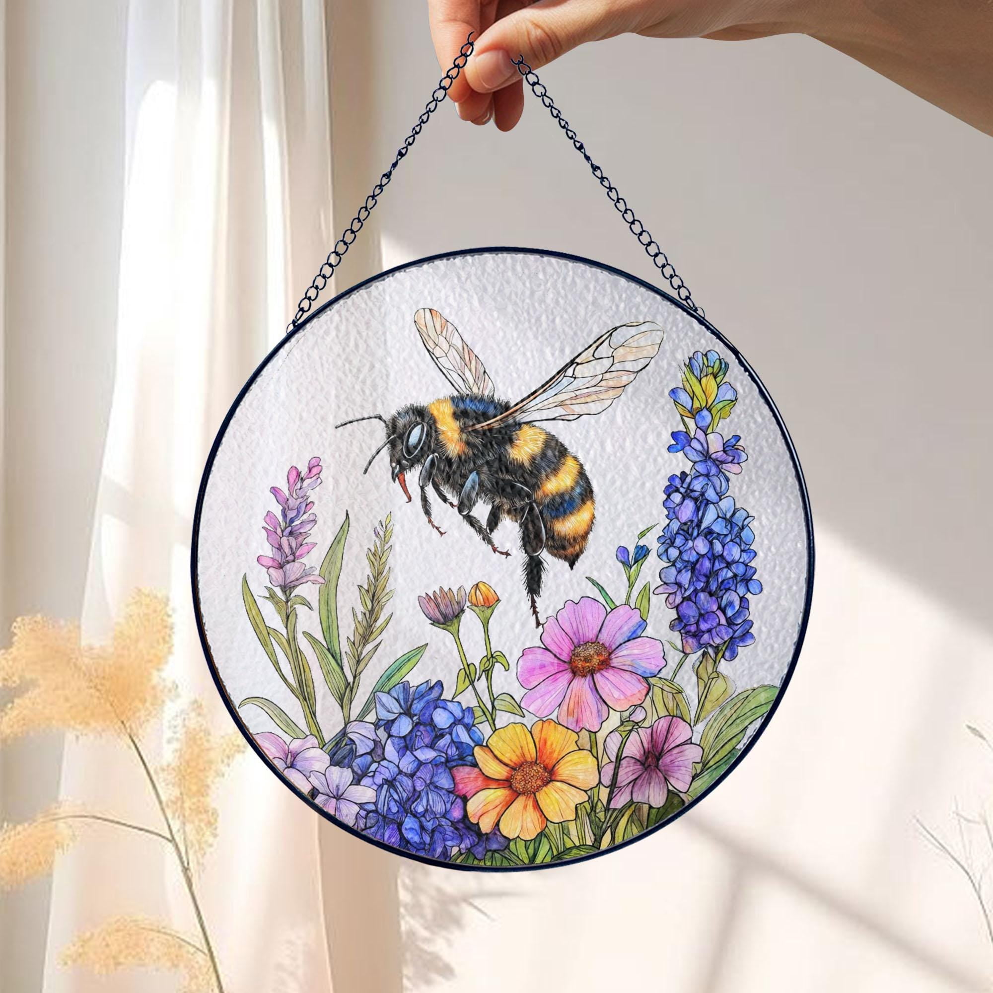Bee & Wildflower Garden Suncatcher Stained-Glass-Style Acrylic Honeybee ...