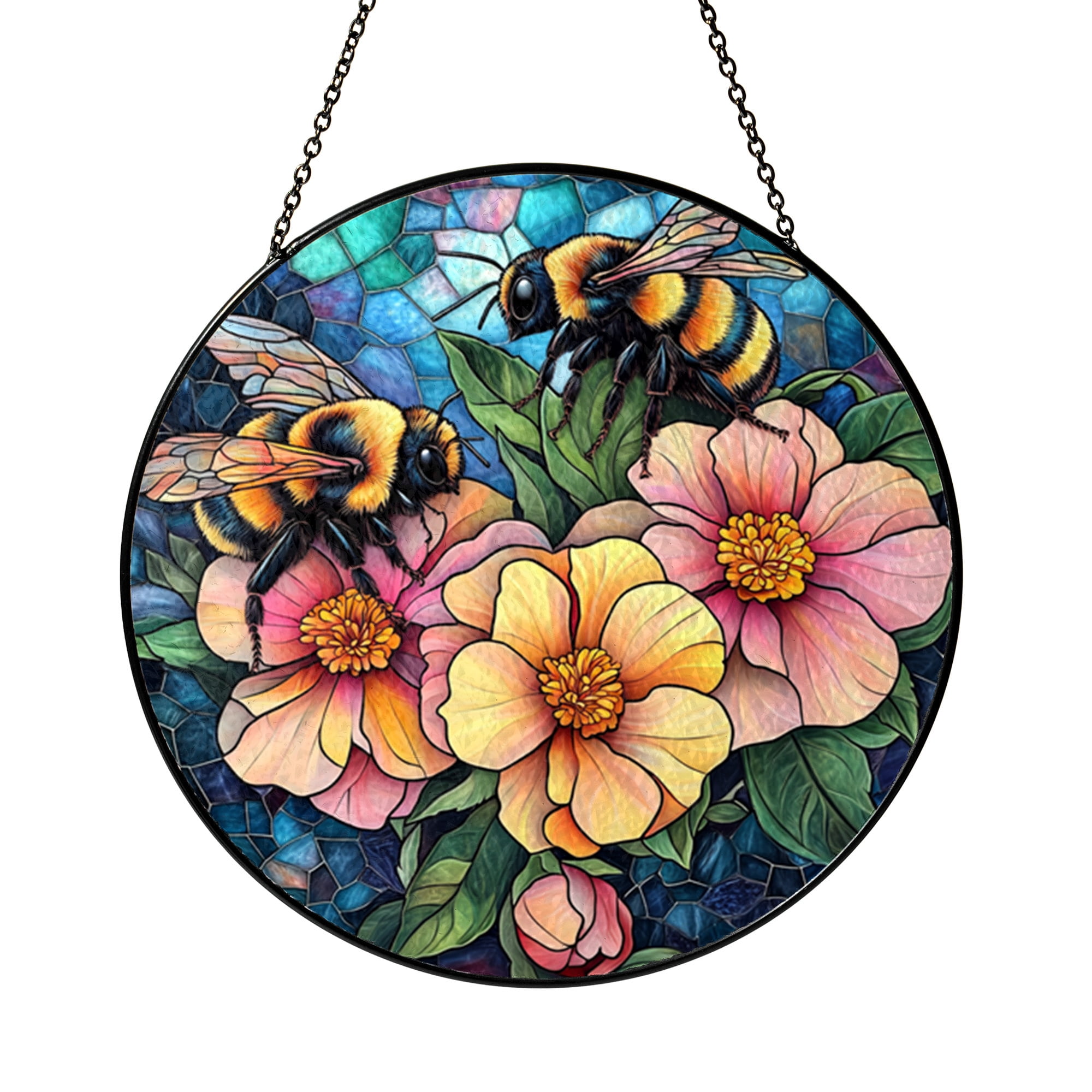 Bee Wildflower Glass Suncatcher, Faux Stained Glass Ornament for Garden ...