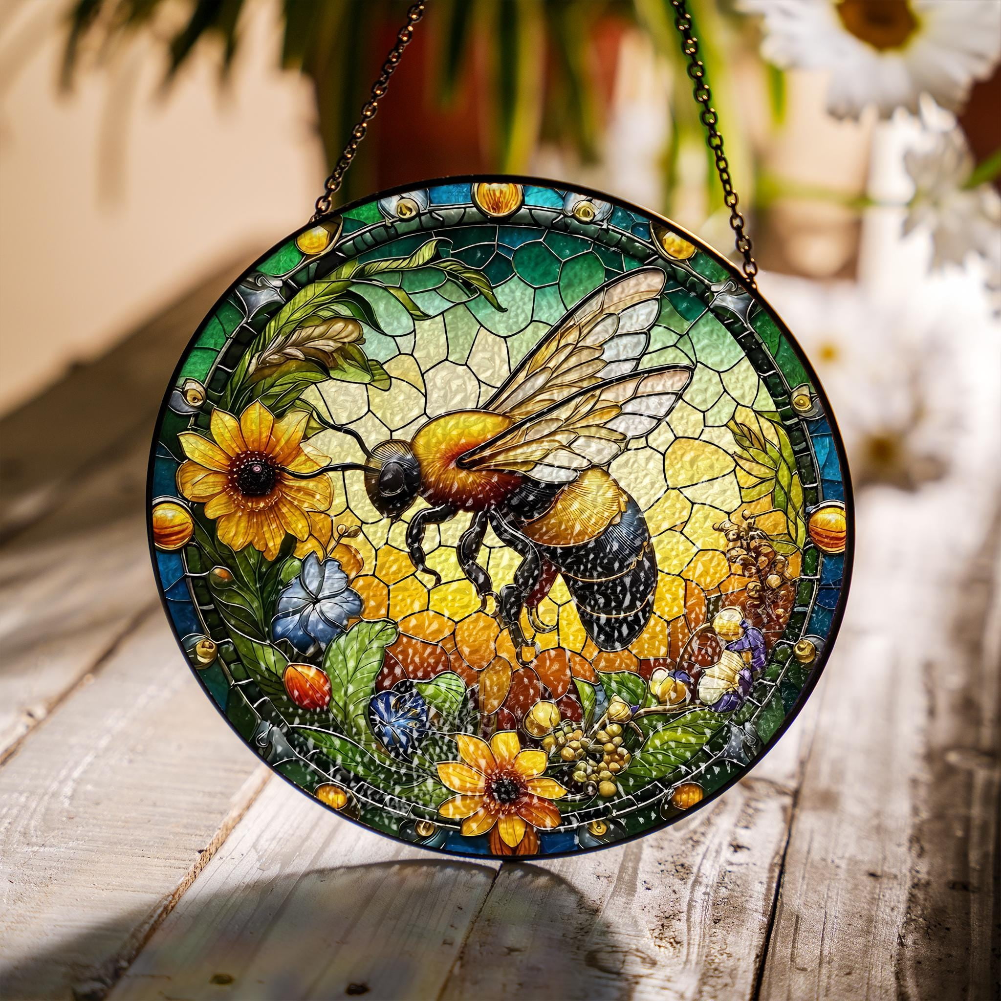 Bee Wildflowers Glass Suncatcher, Honey Bee Suncatcher Gift for Garden ...