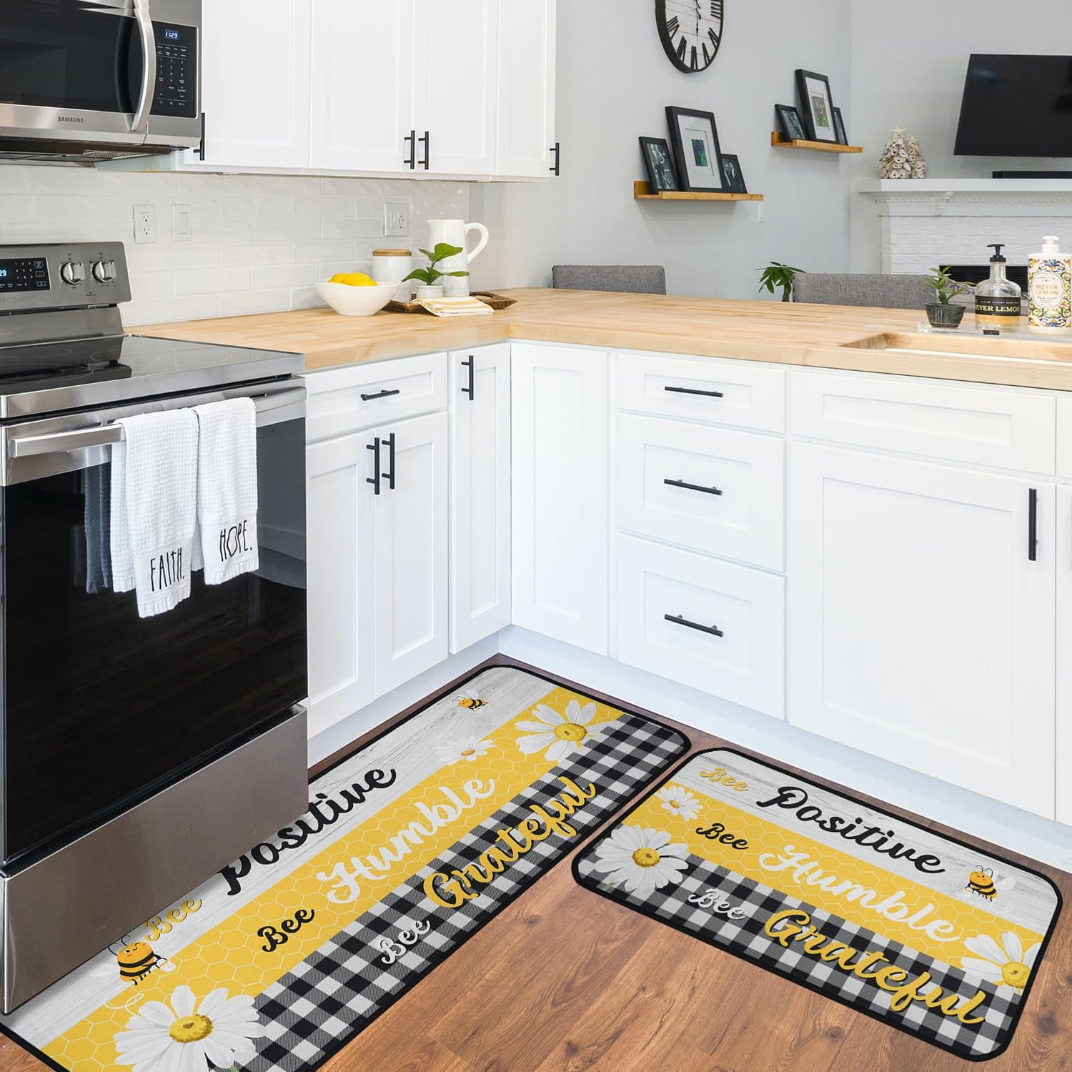 Bee Yellow Kitchen Mats for Floor, Flower Daisy Plaid Kitchen Rugs Set ...