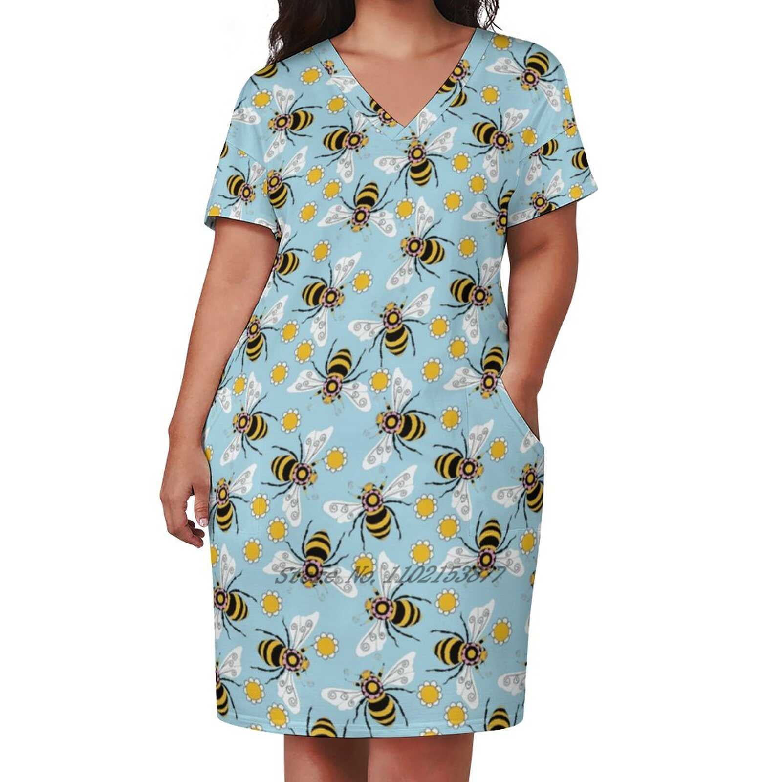 Bee Yourself Loose Pocket Dress Summer Sexy V Neck Dress Print Short Sleeve Dress Bee Bees ...