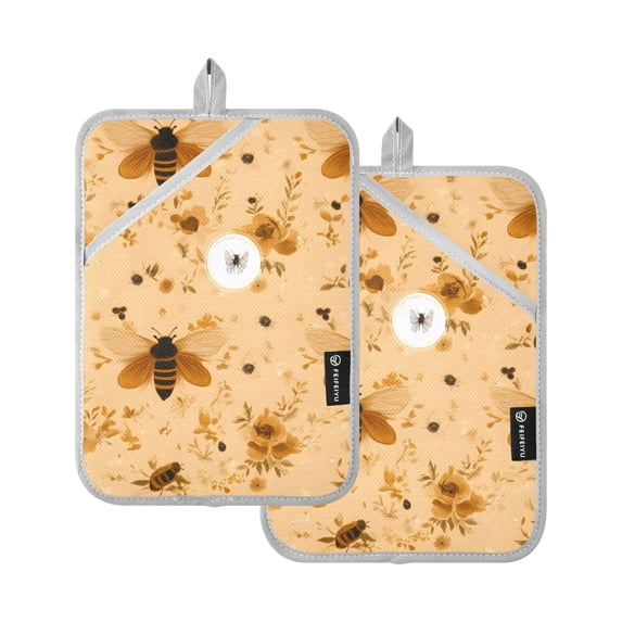Bee and Floral Pattern Pot Holder Set 2 Piece Non-Slip Oven Hot Pads ...