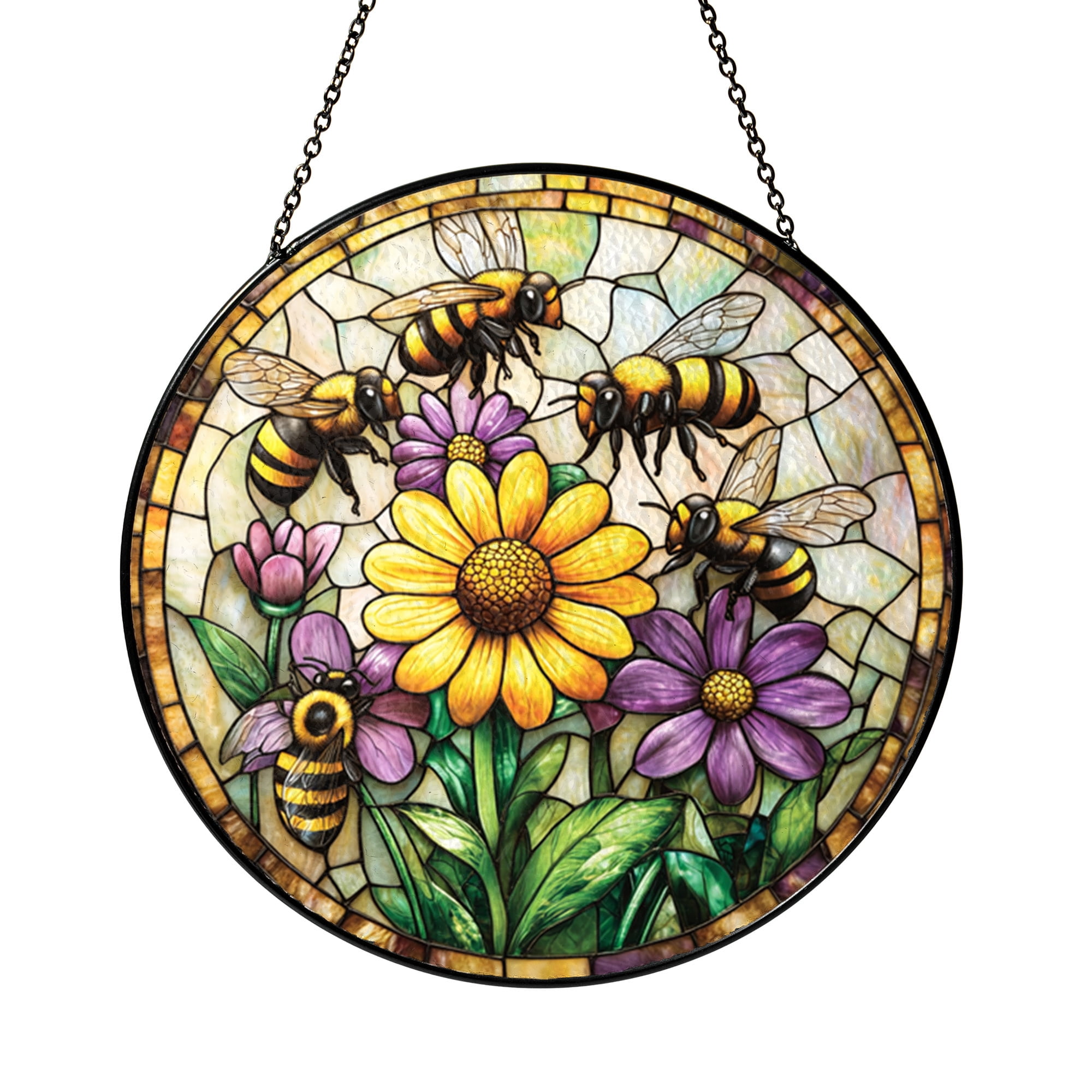 Bee and Flower Stained Glass Suncatcher – Round Window Hanging Art ...