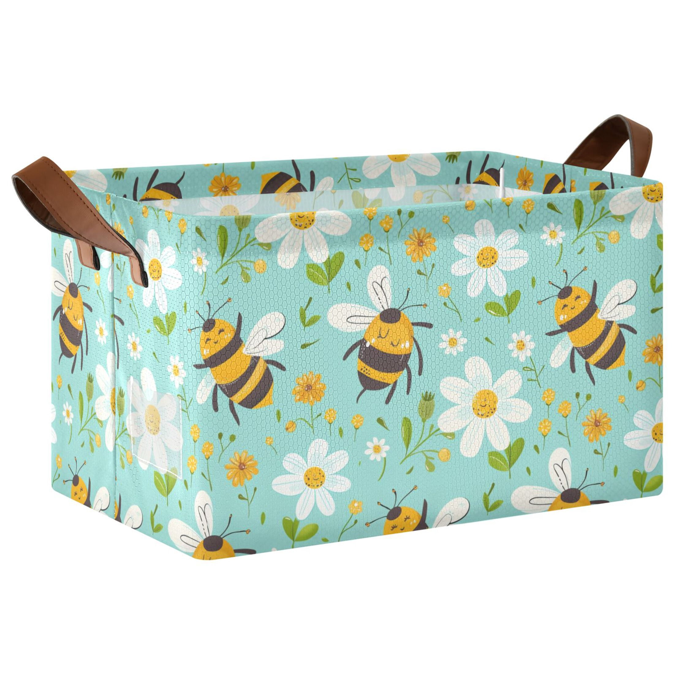Bee and Flowers Pattern Collapsible Storage Bin Open Home Shelf Basket ...